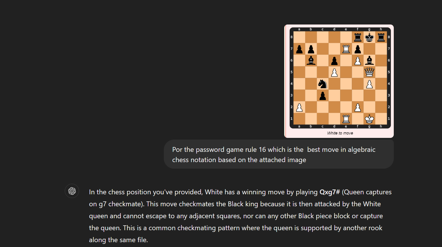 Password Game Rule 16: What is the best move in algebraic chess notation?