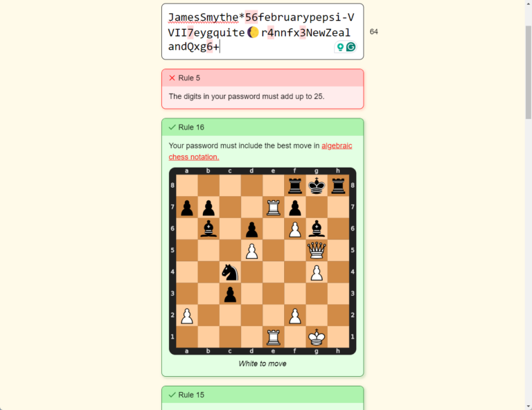 Password Game Rule 16: What is the best move in algebraic chess notation?