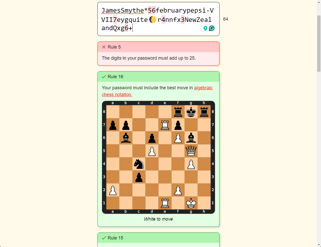 Password Game Rule 16: What is the best move in algebraic chess notation?